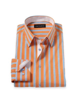 PAUL FREDRICK Cotton Spandex Point Collar Pinpoint Classic Contrast Trim Button Cuff Long Sleeve - Melon/blue