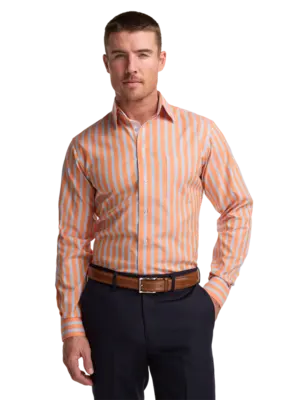 PAUL FREDRICK Cotton Spandex Point Collar Pinpoint Classic Contrast Trim Button Cuff Long Sleeve - Melon/blue