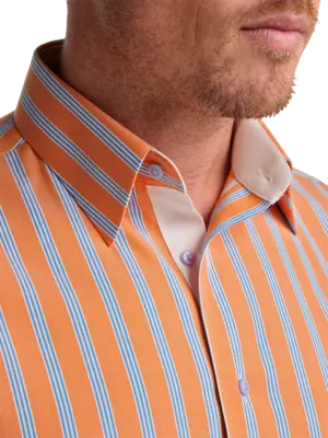 PAUL FREDRICK Cotton Spandex Point Collar Pinpoint Classic Contrast Trim Button Cuff Long Sleeve - Melon/blue