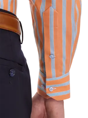 PAUL FREDRICK Cotton Spandex Point Collar Pinpoint Classic Contrast Trim Button Cuff Long Sleeve - Melon/blue