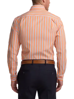PAUL FREDRICK Cotton Spandex Point Collar Pinpoint Classic Contrast Trim Button Cuff Long Sleeve - Melon/blue