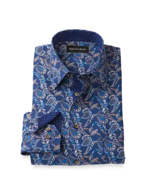 PAUL FREDRICK Cotton Spandex Point Collar Pinpoint Classic Contrast Trim Button Cuff Long Sleeve - Navy Multi