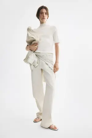H&M Lyocell-blend Rib-knit Mock Turtleneck Top - Cream