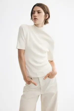 H&M Lyocell-blend Rib-knit Mock Turtleneck Top - Cream