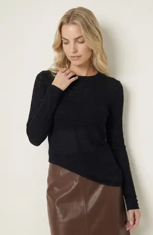 MODENAIRE Textured Sheer Knit Top With Asymmetrical Hem - Black