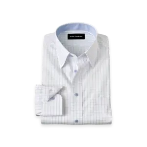 PAUL FREDRICK Cotton Buttondown Collar Broadcloth Classic Contrast Trim Button Cuff Long Sleeve Shirt - White Multi