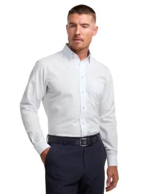 PAUL FREDRICK Cotton Buttondown Collar Broadcloth Classic Contrast Trim Button Cuff Long Sleeve Shirt - White Multi