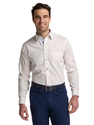 PAUL FREDRICK Cotton Point Collar Poplin Classic Contrast Trim Button Cuff Long Sleeve - White/blue