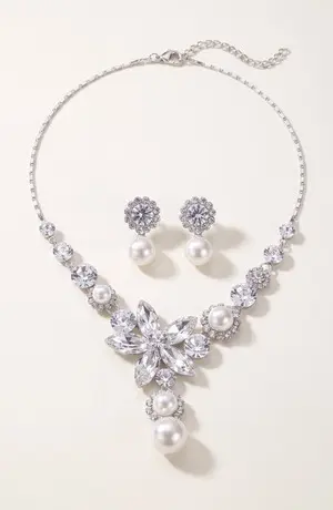 MODENAIRE Flower Pearl Drop Necklace And Earrings Set