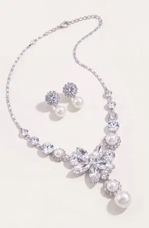 MODENAIRE Flower Pearl Drop Necklace And Earrings Set