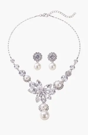 MODENAIRE Flower Pearl Drop Necklace And Earrings Set - Silver