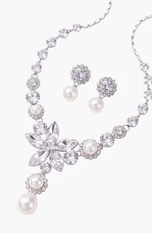 MODENAIRE Flower Pearl Drop Necklace And Earrings Set