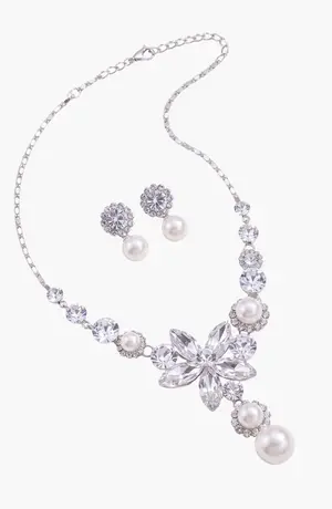 MODENAIRE Flower Pearl Drop Necklace And Earrings Set