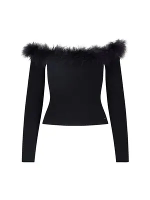 Gucci Ribbed Viscose Off-shoulder Top With Feather Trim