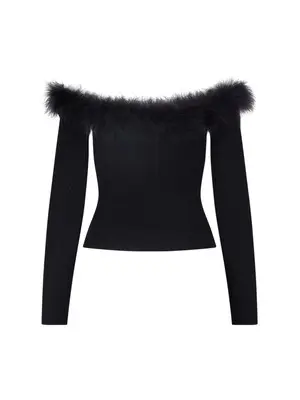 Gucci Ribbed Viscose Off-shoulder Top With Feather Trim