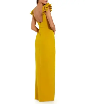 Mac Duggal Crepe Column Gown With Square Neck And Ruffle Detail - Chartreuse
