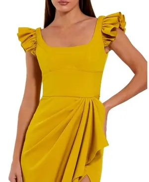 Mac Duggal Crepe Column Gown With Square Neck And Ruffle Detail - Chartreuse