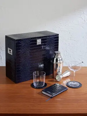 Smythson Silver-plated And Croc-effect Leather Cocktail Set - Blue