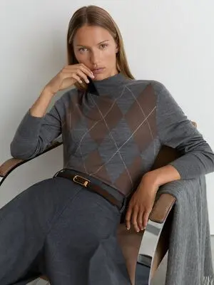 REISS Argyle Funnel-neck Wool Jumper - Grey