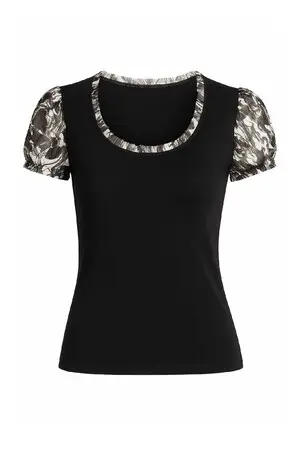 CONQUISTA Viscose Jersey Top With Printed Puff Sleeves And Ruffled Neckline - Black