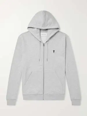 AMI Paris Logo-embroidered Cotton-jersey Zip-up Hoodie - Gray