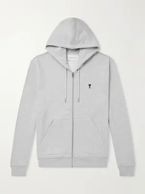 AMI Paris Logo-embroidered Cotton-jersey Zip-up Hoodie - Gray