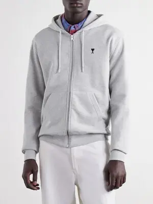 AMI Paris Logo-embroidered Cotton-jersey Zip-up Hoodie - Gray