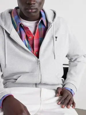 AMI Paris Logo-embroidered Cotton-jersey Zip-up Hoodie - Gray