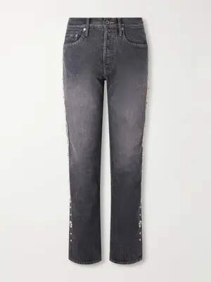 Kapital Monkey Cisco Straight-leg Leather-trimmed Embellished Jeans