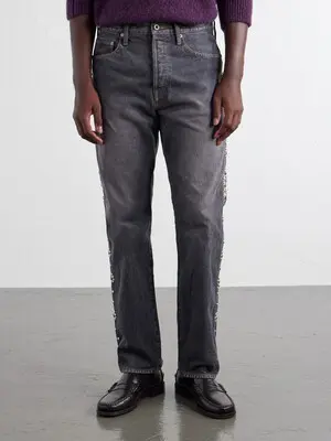 Kapital Monkey Cisco Straight-leg Leather-trimmed Embellished Jeans