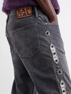 Kapital Monkey Cisco Straight-leg Leather-trimmed Embellished Jeans