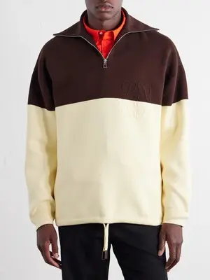 Loewe Anagram-embossed Two-tone Cotton-blend Jersey Half-zip Sweater - Brown
