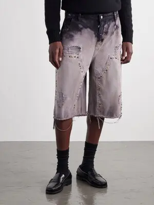 SATOSHI NAKAMOTO Straight-leg Embellished Distressed Denim Shorts - Black