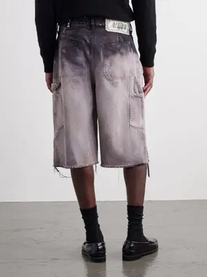 SATOSHI NAKAMOTO Straight-leg Embellished Distressed Denim Shorts - Black