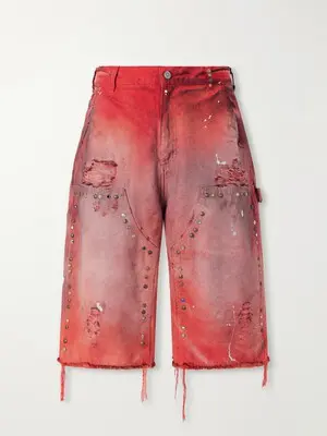 SATOSHI NAKAMOTO Straight-leg Embellished Distressed Denim Shorts
