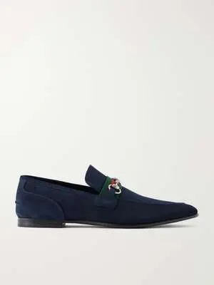 Gucci Como Horsebit-embellished Web-trimmed Suede Loafers - Navy