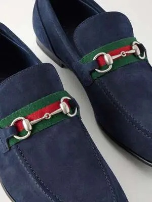 Gucci Como Horsebit-embellished Web-trimmed Suede Loafers - Navy