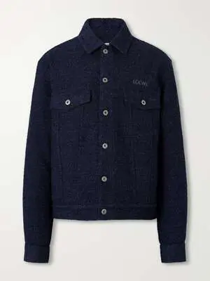 Loewe Textured Denim Logo Embroidered Jacket - Navy