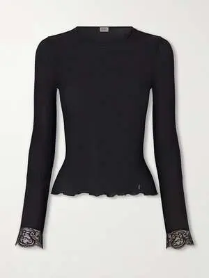Saint Laurent Lace-trimmed Ribbed-knit Silk T-shirt