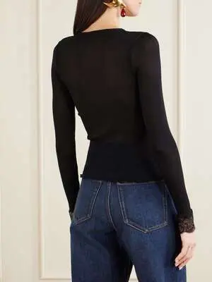 Saint Laurent Lace-trimmed Ribbed-knit Silk T-shirt