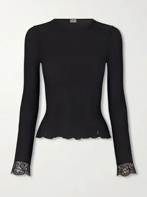 Saint Laurent Lace-trimmed Ribbed-knit Silk T-shirt - Black