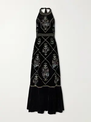 EMPORIO SIRENUSE Chantal Agra Flower-embroidered Velvet Midi Dress - Black