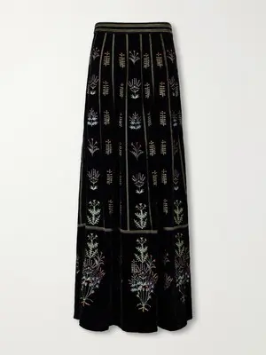 EMPORIO SIRENUSE Camille Agra Embroidered Velvet Midi Skirt - Black