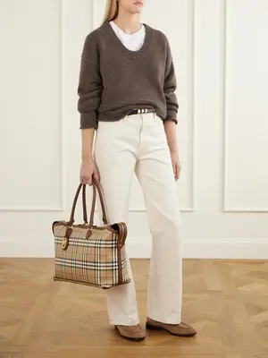 Burberry Medium Check Zip Leather-trimmed Tote - Neutrals