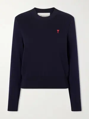 AMI Paris Embroidered Merino Wool Sweater Blue