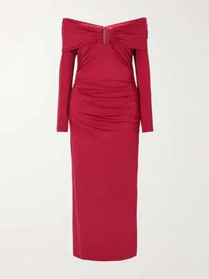 Carolina Herrera Draped Off-shoulder Jersey-stretch Midi Dress - Red