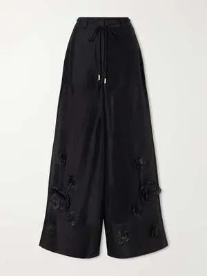 Aje Cloudscape Flower-appliqué Lyocell And Linen-blend Mid-rise Wide-leg Pants - Black