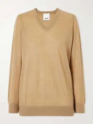 ALLUDE Ribbed-trimmed V-neck Cashmere Sweater - Camel