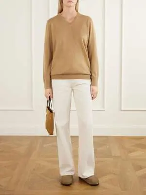 ALLUDE Ribbed-trimmed V-neck Cashmere Sweater