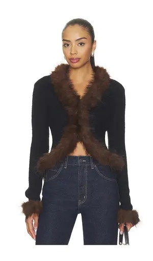 SELF-PORTRAIT Faux Fur Knit Cardigan - Black
